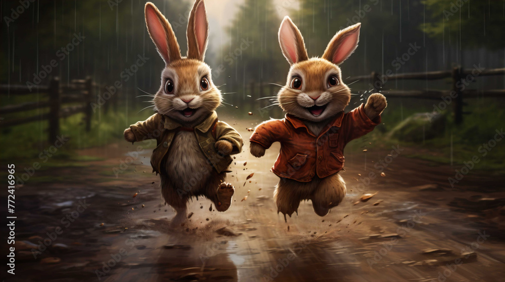 cartoon network, two rabbits running in the rain, on muddy land ...