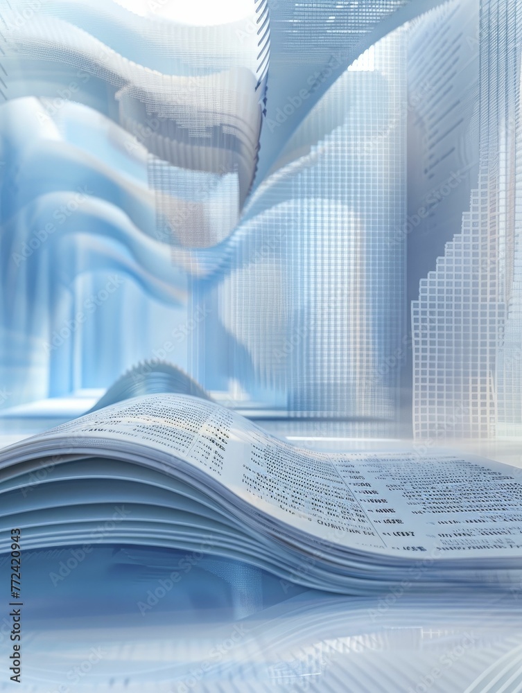 A modern ledger book unveils a 3D industrial scene against a financial ...