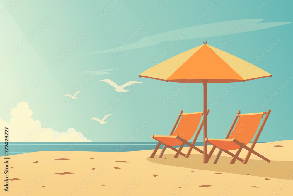 Summer beach. Sun loungers and a beach umbrella on the sandy coast ...