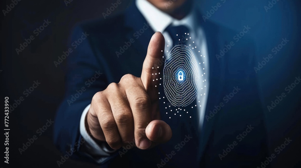 Biometrics, information, network data, security. Businessman's hand ...