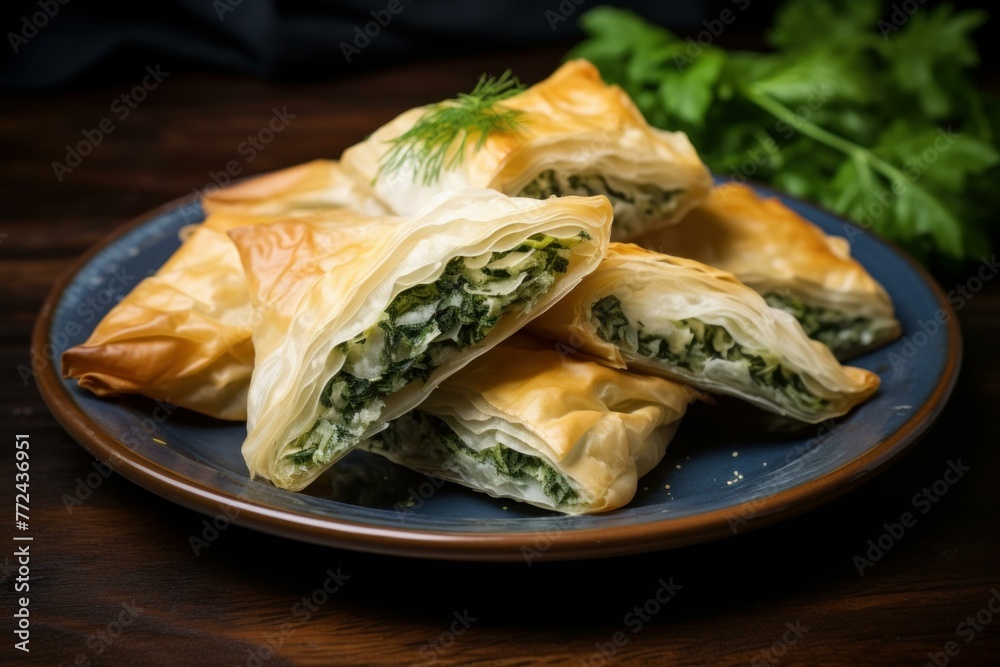 Flaky Spanakopita greek pastry. Gourmet pie piece meal tasty. Generate ...