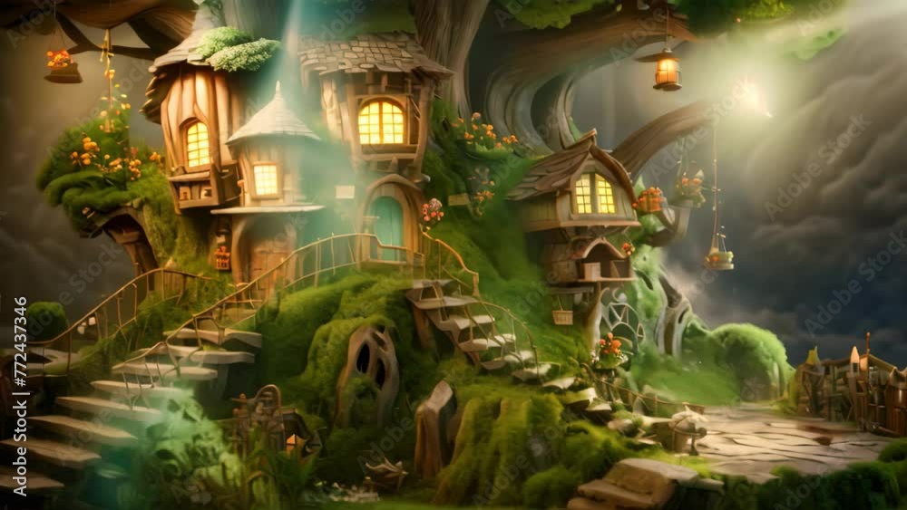 Magical Tree House With Stairs and Staircase Leading Up, Pixar 3D image ...
