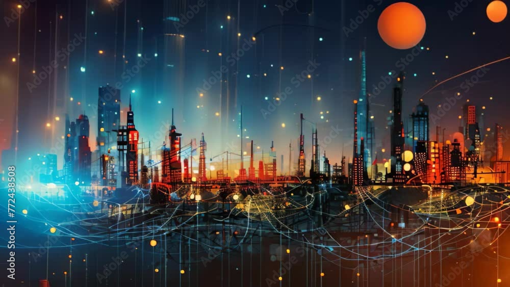 Futuristic industrial city at night with glowing lights. Vector ...