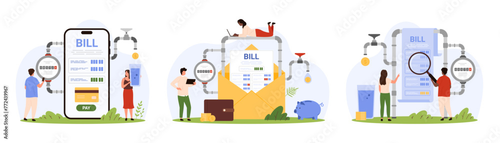 Payment of utility services, water bill set. Tiny people pay for water ...