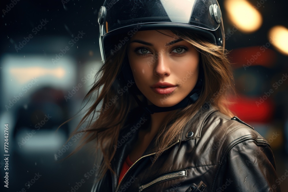 Evening rebel: a striking female biker, hair flowing, wearing a leather ...
