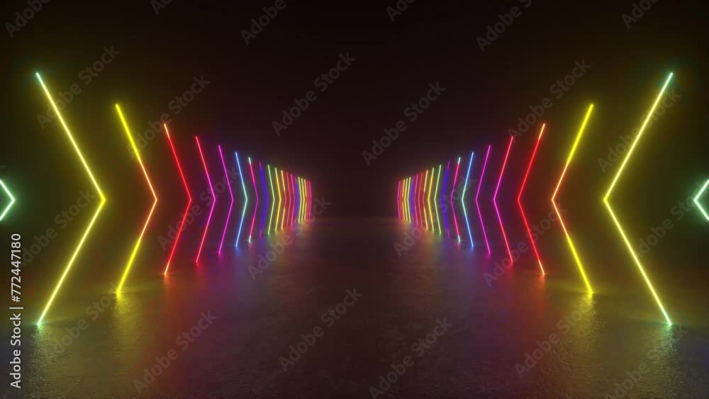 3D animation of neon lights creating a tunnel effect in a dark room ...