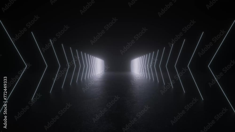 A 3D animation loop featuring a dark tunnel with futuristic neon tube lights glowing in the ...