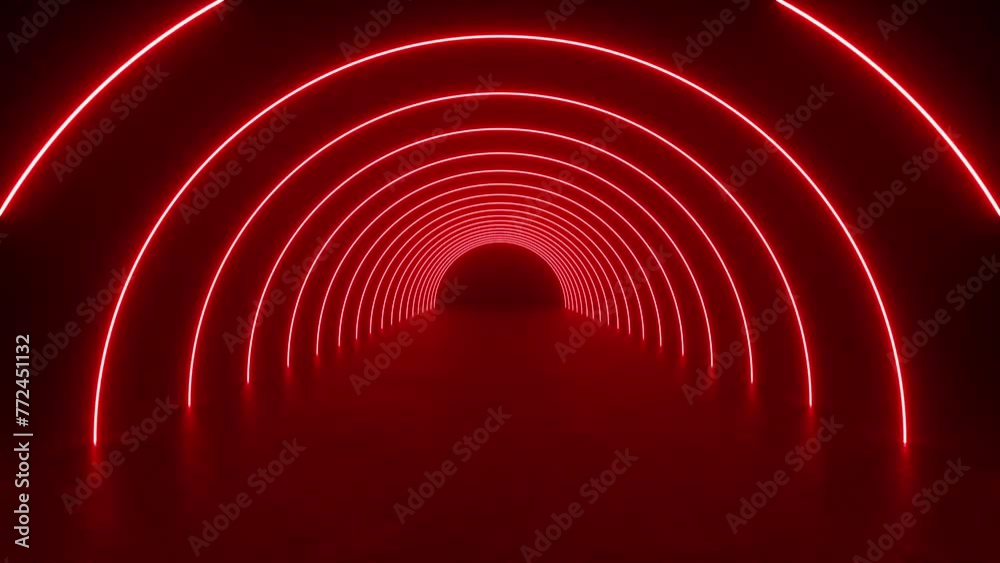 A futuristic tunnel featuring red neon tube lights glowing in the ...