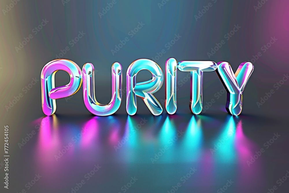 3D text "PURITY" with a reflective holographic surface on a gradient ...