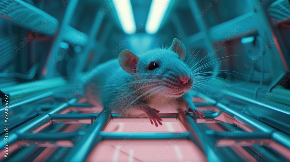 ภาพประกอบสต็อก Hyperrealistic and scifi inspired lab scene, a rat with ...