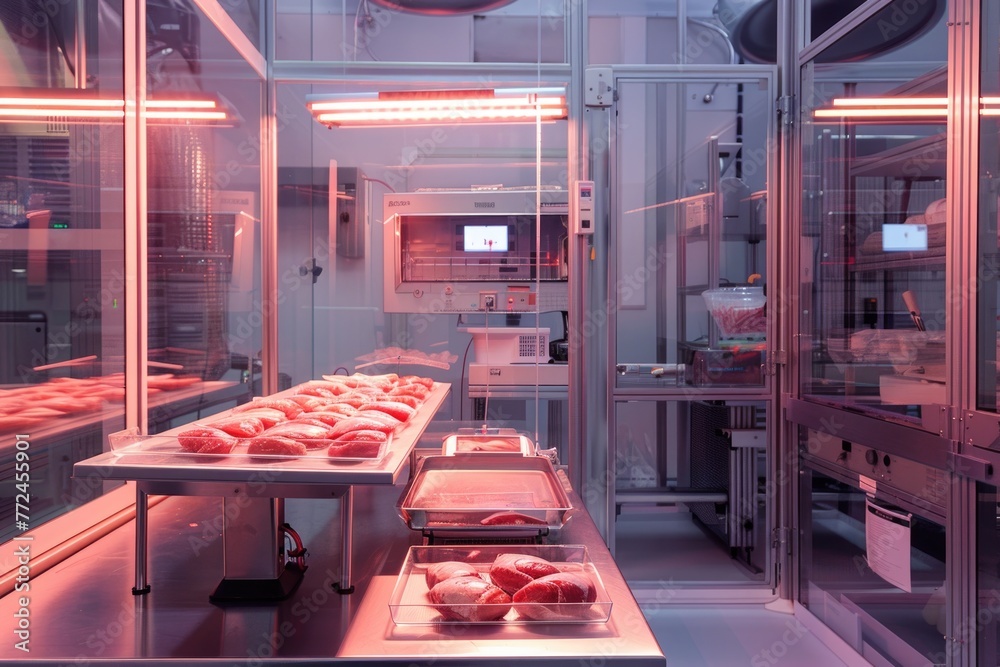 Hyperrealistic lab scene showing the cultivation of meat, biotech ...