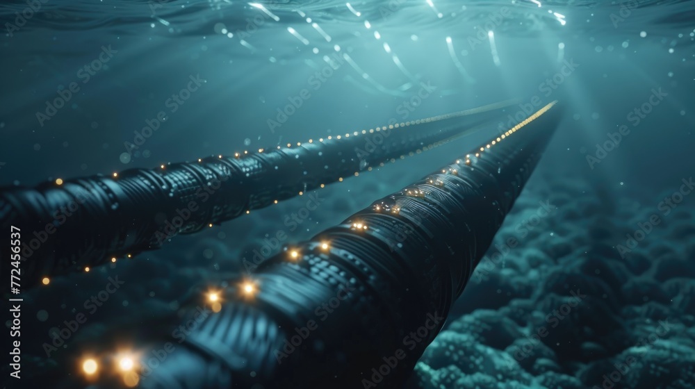 Detailed hyperrealistic submarine cable, pulsing with data lights deep ...