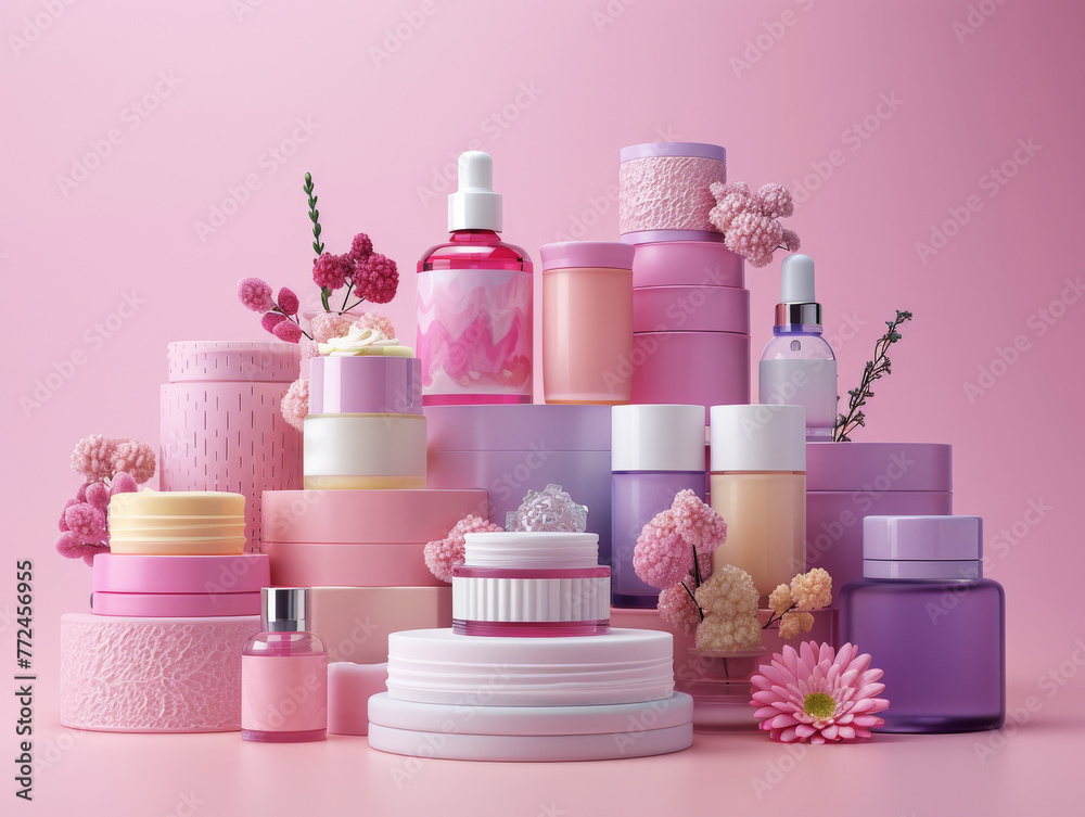 Pastel Beauty Product Display with Floral Accents no labels luxury and ...