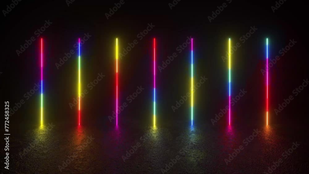 4K group of neon sticks glowing on a concrete floor, futuristic and sci ...