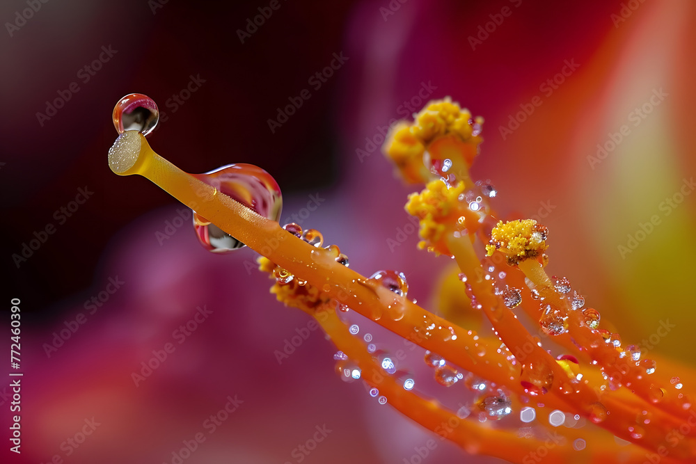 a droplet of nectar glistening on the tip of a tropical flower's stamen ...