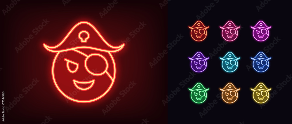 Outline neon pirate emoji icon set. Glowing neon corsair emoticon with ...