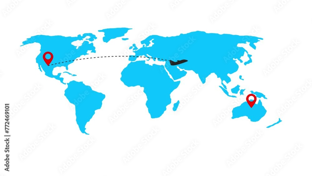 Plane flying on the world map leaving the trail. Route and two points ...