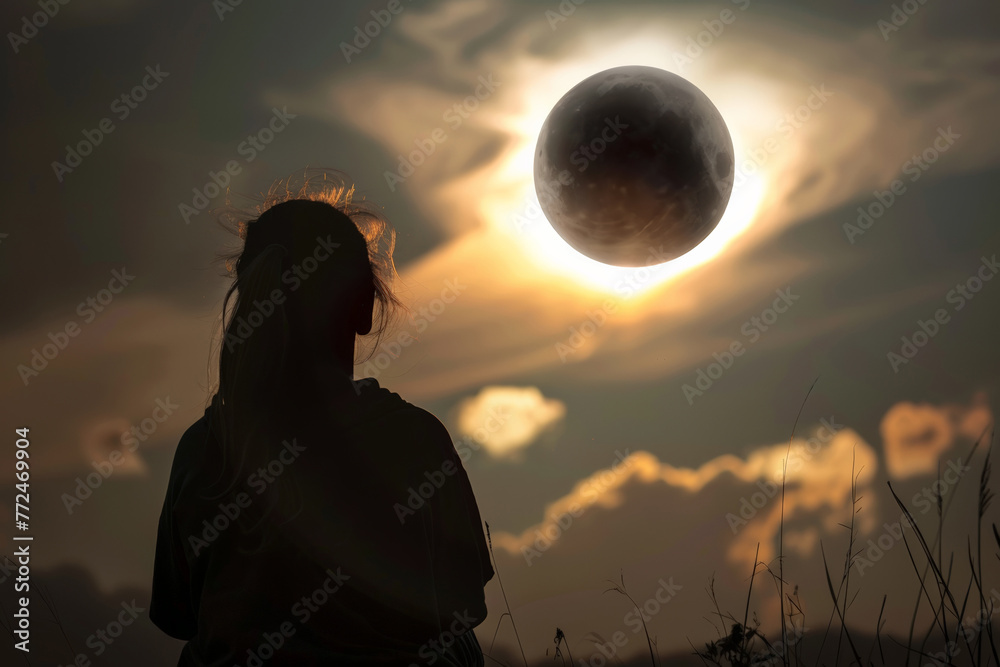 Silhouetted Person Gazing at Stunning Lunar Eclipse at Twilight, Solar ...