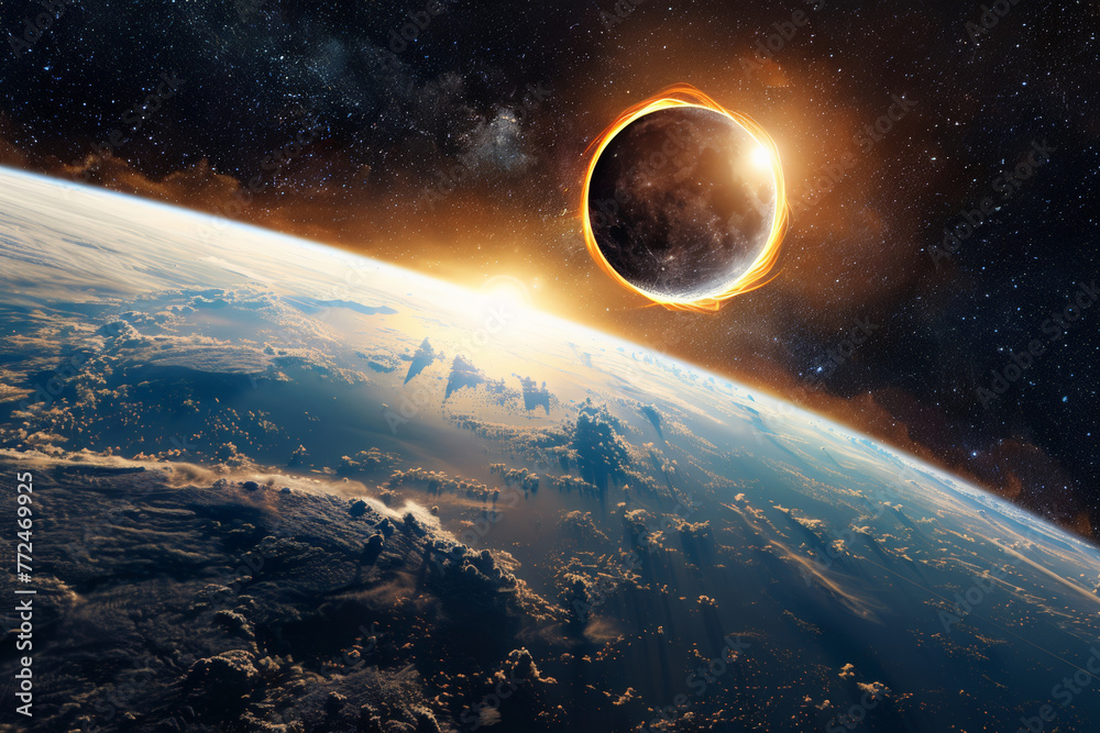 Stunning Solar Eclipse View from Space near Earth Horizon, Solar ...