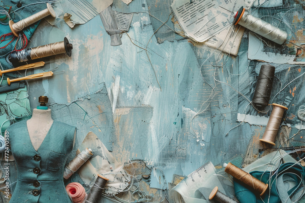 Blue background for sewing, thread, collage for designing clothes and ...