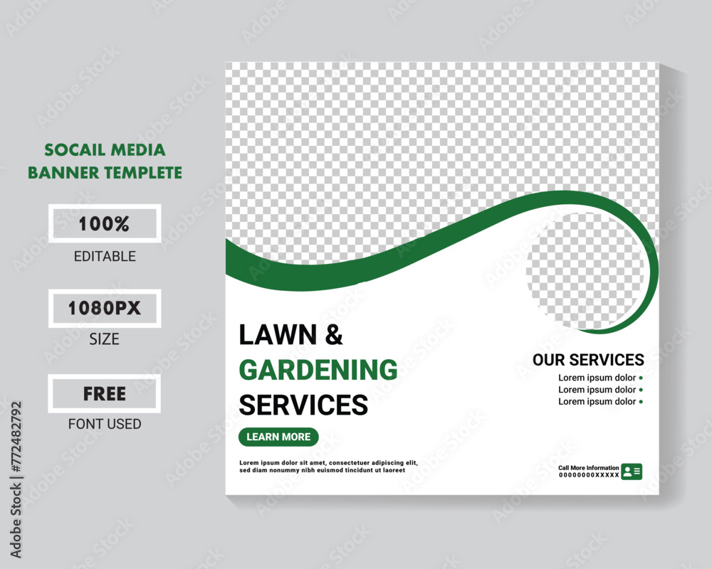 Lawn mower and gardening service social media banner. Tree plantation ...