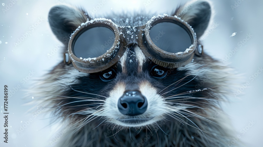 Mischievous raccoon wearing aviator goggles looks out from a white void ...