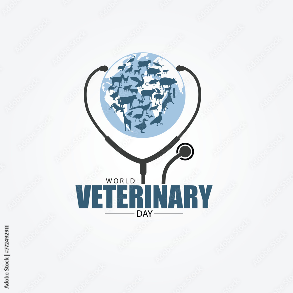 World Veterinary Day. Pet silhouette and stethoscope on earth globe ...