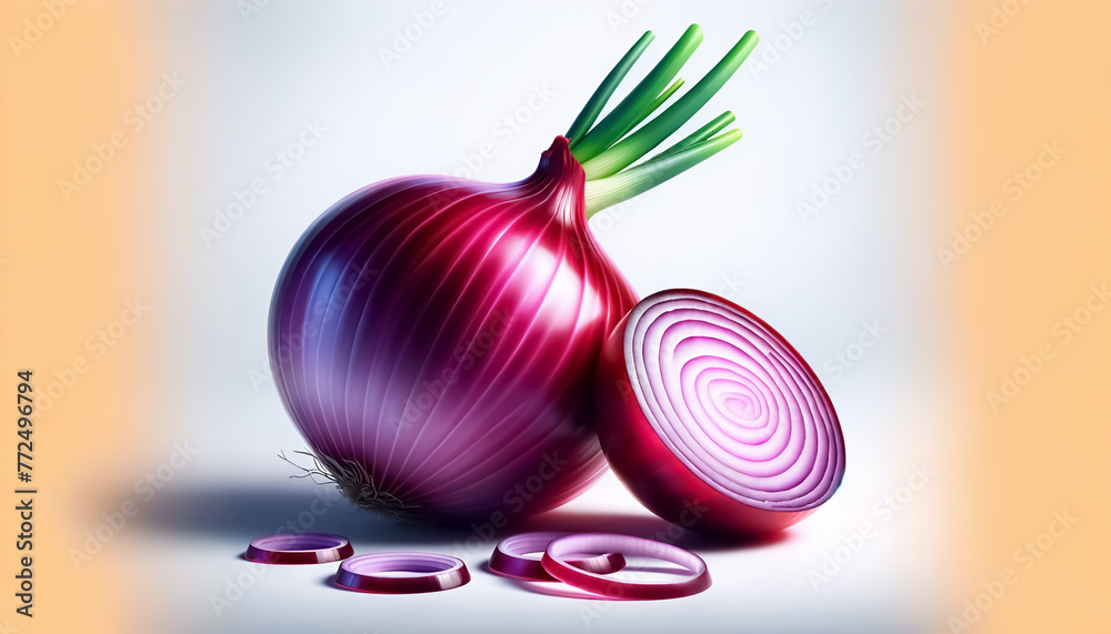 3D rendering of red onion, Red onion on white background, Fresh green ...