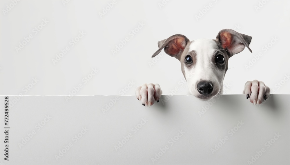 Cute whippet puppy peaking over a billboard, in tones of grey, copy ...