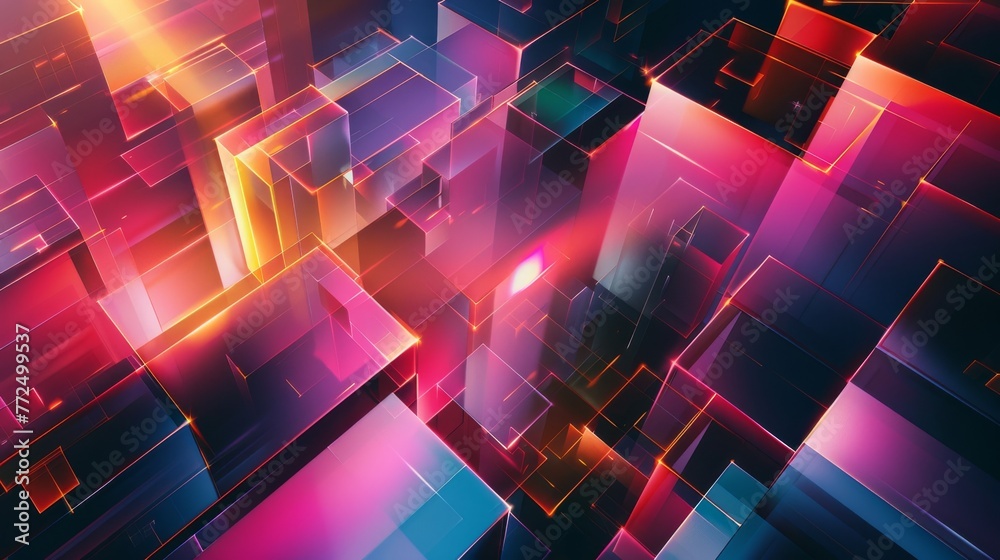 Complex arrangement of luminous, translucent boxes and rectangles with ...