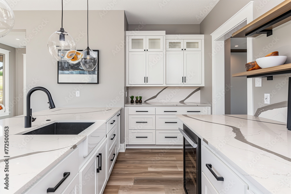 Modern farmhouse kitchen with white cabinets, quartz countertop, and ...