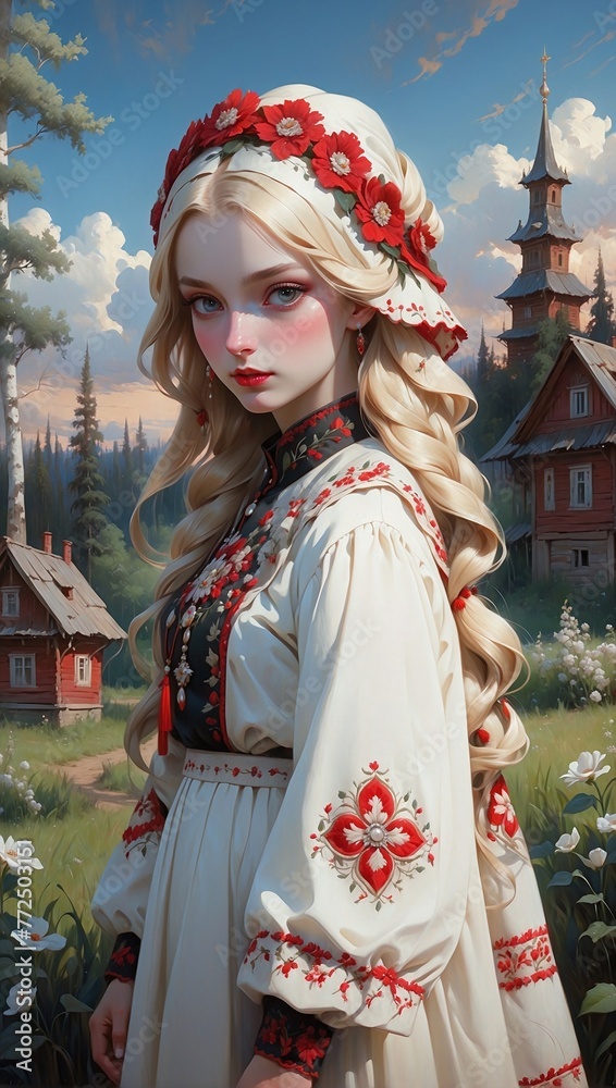 Beautiful slavic woman dressed in traditional linen white dress with ...