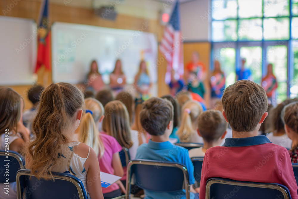 A group of children sit in a classroom, watching a presentation. Scene ...