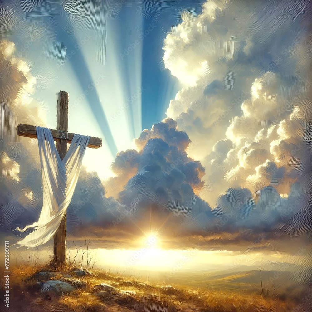 Sunlight pierces the clouds, casting dramatic rays across a tranquil ...