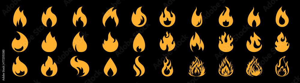 Fire icon collection. Fire flame symbol. Red hot fire, flame heat or ...