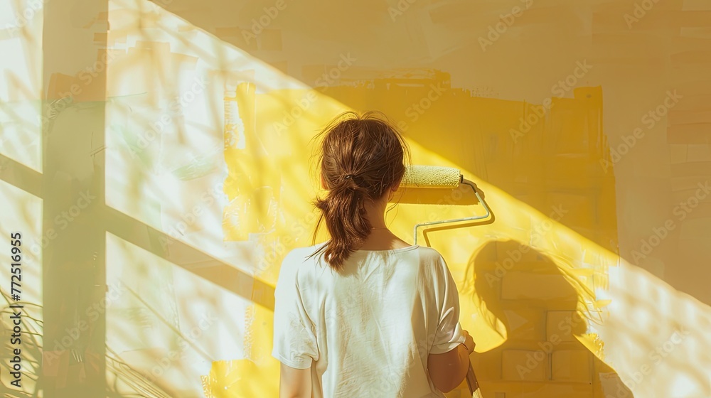 woman painting a wall with a roller brush dipped in deep pink paint ...