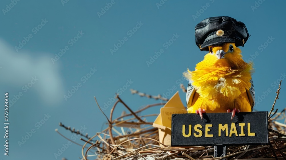 Yellow pigeon in the uniform of a postman wearing mail, an old ...