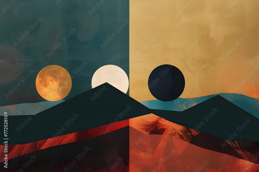 Three different moons set against a textured mountain backdrop ...