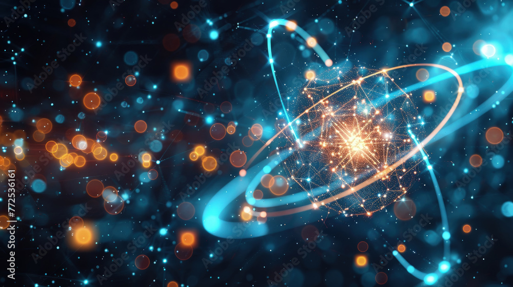 A digital representation of an atom with electrons orbiting the nucleus ...