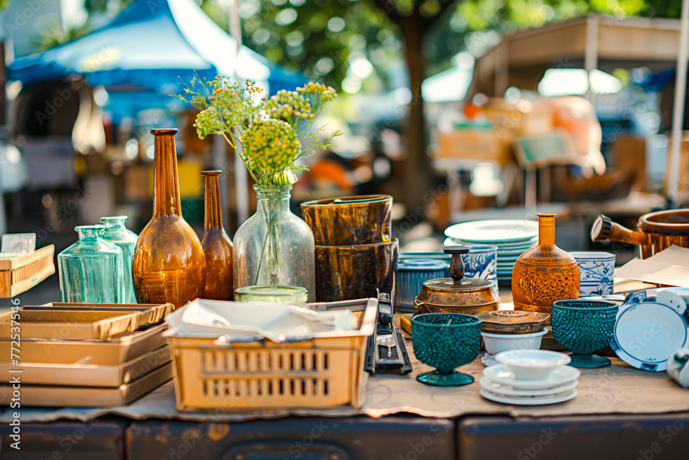 Second hand old household objects for sale at flea market, garage sale ...