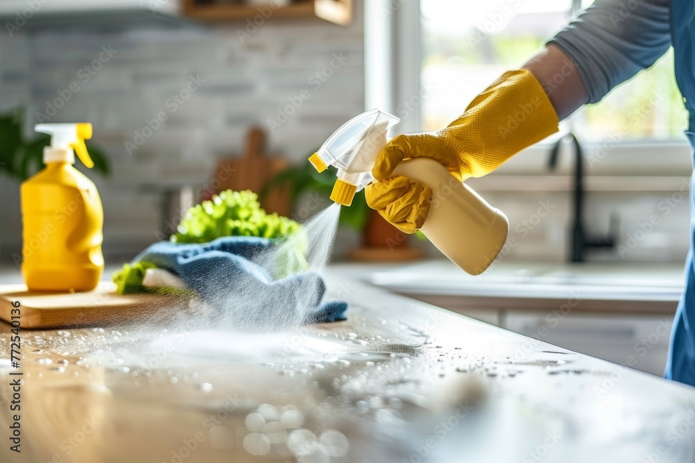 Cleaning home table sanitizing kitchen with disinfectant spray ...