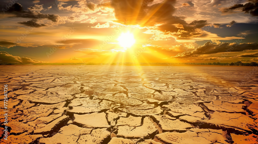 Abnormal heat. Arid Sunset. A sunset illuminates the cracked, dry ...