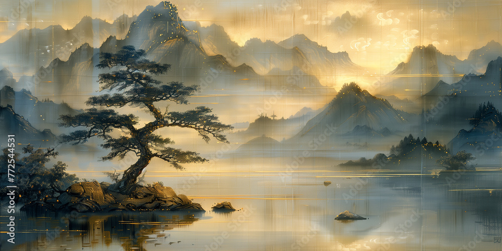 Traditional eastern art. Ink painting. Zen. ancient scroll. Fantasy ...
