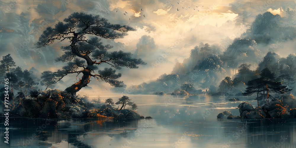 Traditional eastern art. Ink painting. Zen. ancient scroll. Fantasy ...