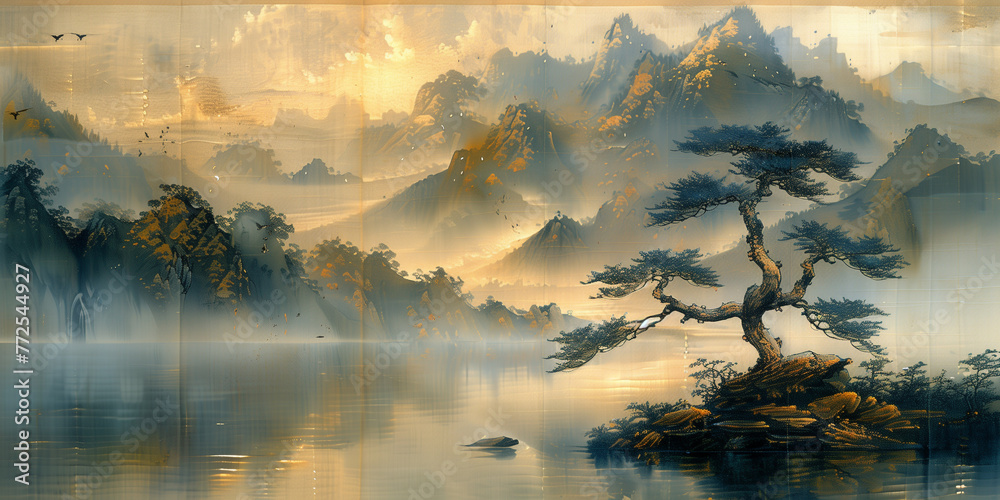 Traditional eastern art. Ink painting. Zen. ancient scroll. Fantasy ...