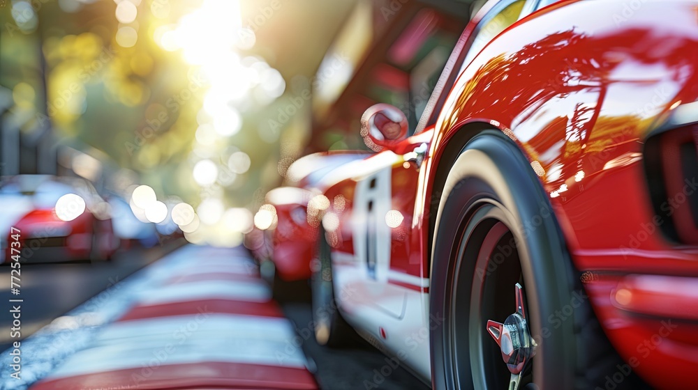 Racing cars in readiness for the start on the race track. A car with a ...