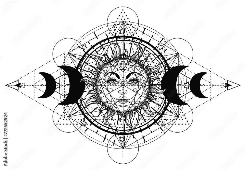 Metatron Cube. Moon pagan Wicca moon goddess symbol. Three-faced ...