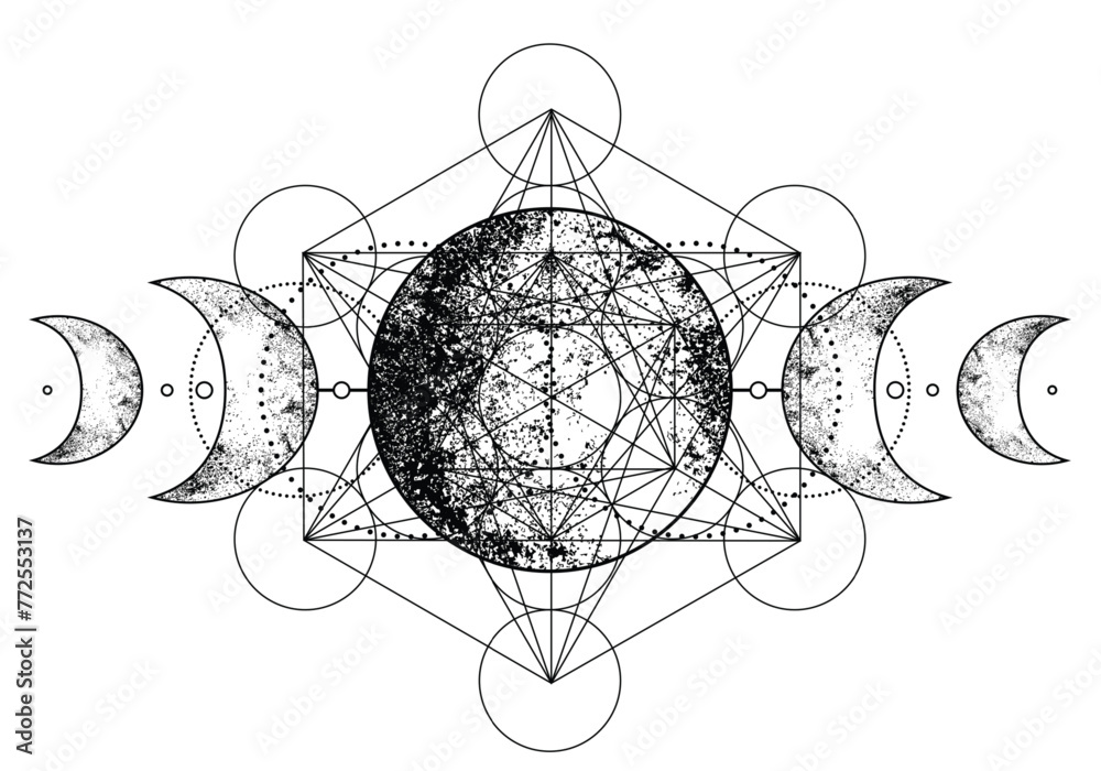 Metatron Cube. Moon pagan Wicca moon goddess symbol. Three-faced ...