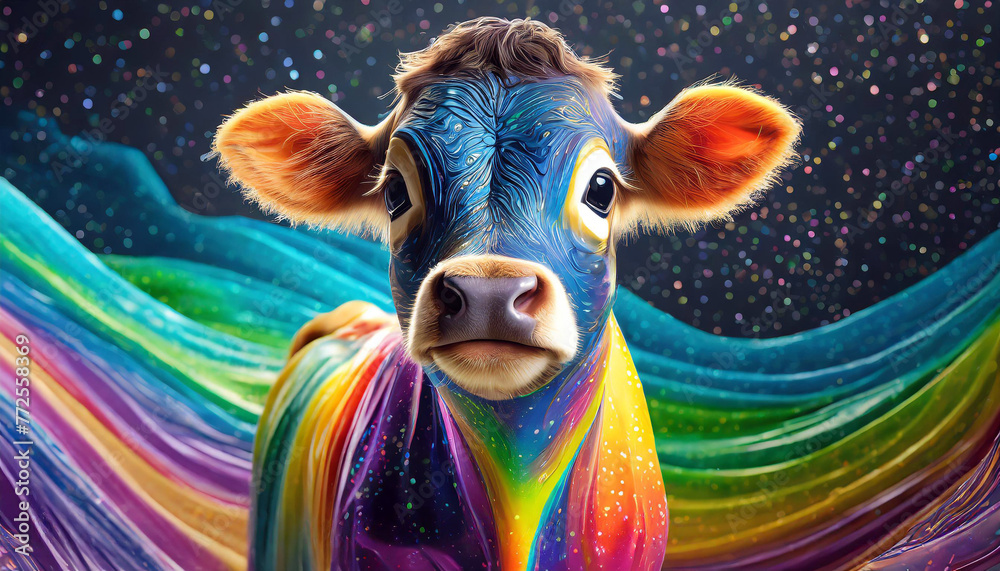 Cute and colorful rainbow swirl 3d illustration of a baby calf ...