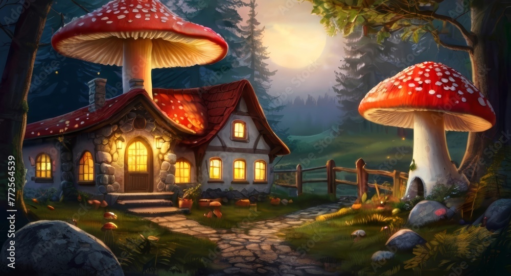 Charming mushroom houses with glowing windows in a twilight forest ...